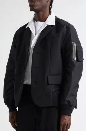 Sacai Suiting Bonding Mixed Media Jacket In Black - 65% Off
