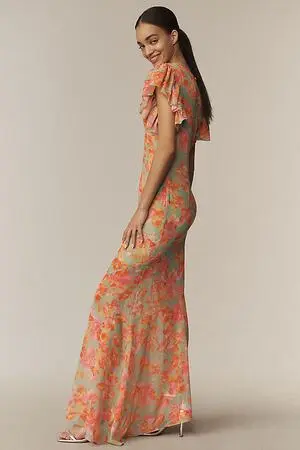 DE LA VALI Bougainvillea Maxi Dress - Art Deco Sage Floral