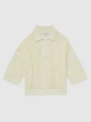 REISS Reika Cotton Crochet Collared Jumper - Buttermilk
