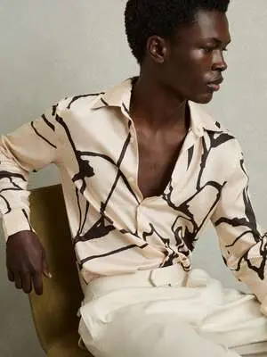 REISS Suarez Abstract Painted Print Shirt - Stone