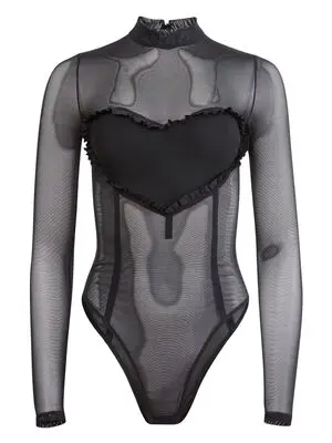 FLEUR DU MAL Mesh Ruffle Heart Bodysuit