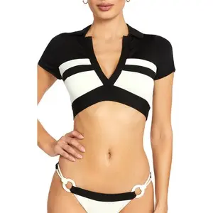 Robin Piccone Robin Piccone Babe Stripe Short Sleeve Bikini Top Black Combo