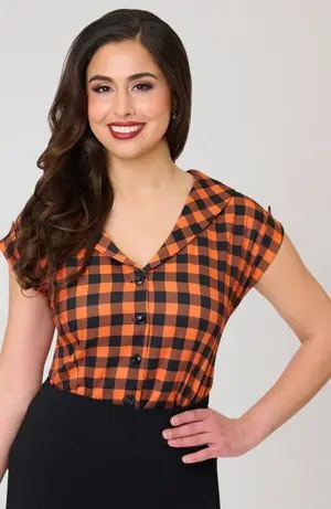 Unique Vintage 1960s Floral Twill Blouse - Orange Gingham