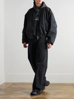 Balenciaga Distressed Padded Denim Bomber Jacket - Black