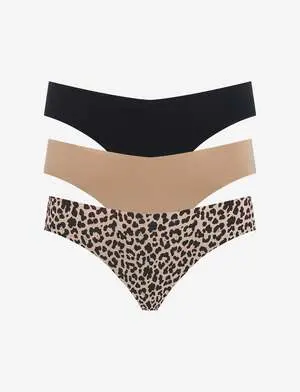 THIRDLOVE Zero Edge™ No-show Thong 3 Pack Panty - Black Taupe Leopard