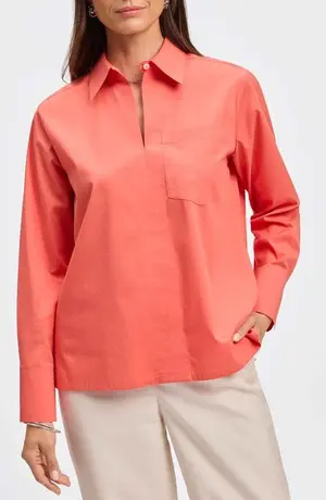 Foxcroft Bella Solid Popover Top - Tangerine