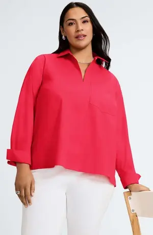 Foxcroft Bella Solid Popover Top - Raspberry