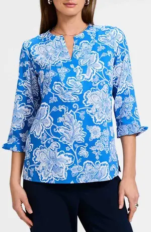Foxcroft Vena Floral Split Neck Cotton Shirt - Cobalt Blue