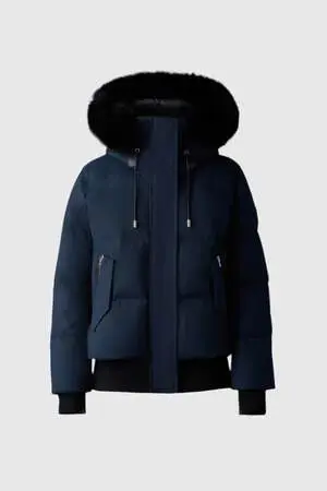 Mackage Down Bomber Jacket With Fox Fur Trim - Navy