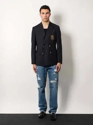 Dolce & Gabbana Stretch Virgin Wool Blazer With Frontal Logo Patch