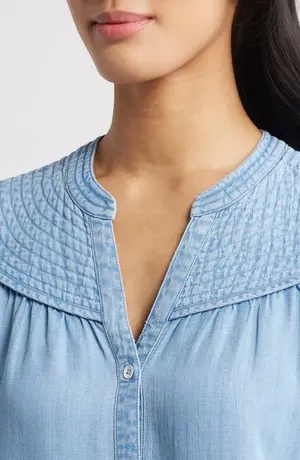Wit & Wisdom Split Neck Balloon Sleeve Top - Light Blue