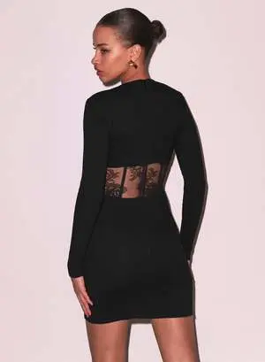 FLEUR DU MAL Rib & Bouquet Lace Boned Mini Dress - Black