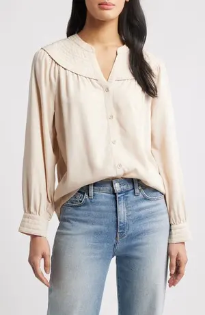 Wit & Wisdom Split Neck Balloon Sleeve Top - Macademia