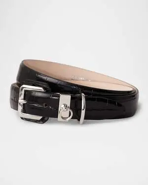 DEHANCHE Dehanche Jolinard Crocodile Textured Leather Belt Black Croco Silver