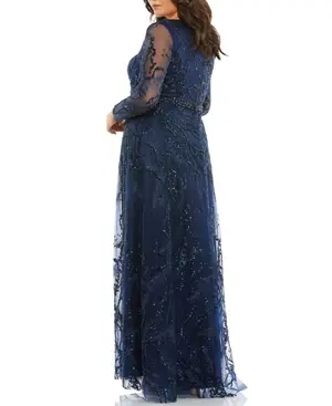 Mac Duggal Embellished Illusion Long Sleeve V-neck A-line Gown