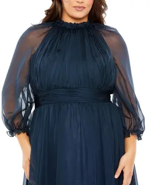 Mac Duggal High Neck Puff Sleeve Tiered A-line Gown