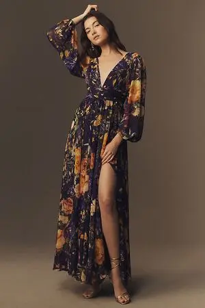 Bhldn Mae Long-sleeve V-neck Chiffon Maxi Dress - Purple Floral Combo
