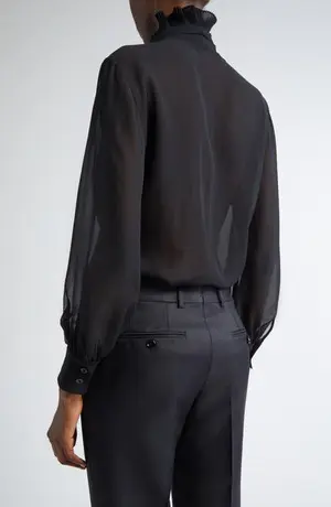 TOM FORD Ruffle Silk Georgette Tuxedo Shirt - Black