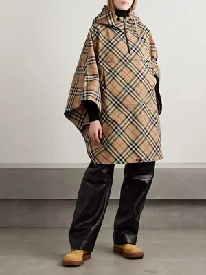 Burberry Hooded Checked Twill Cape - Brown