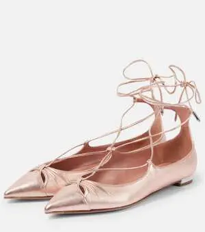 AQUAZZURA Gabi Leather Ballet Flats With Lace-up Detailing - Neutrals