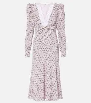 Alessandra Rich Floral Lace-trimmed Silk Midi Dress - Pink