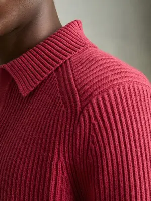 REISS Kingston Rib Knit Open Collar Polo Shirt