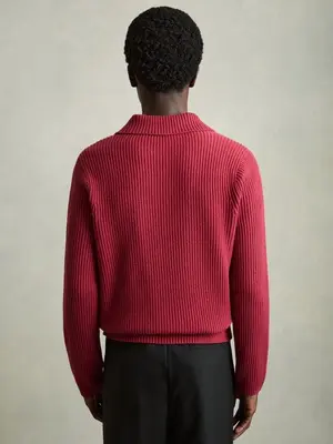 REISS Kingston Rib Knit Open Collar Polo Shirt