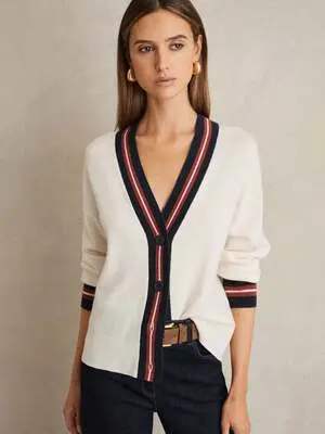 REISS Wool-cashmere Striped Trim Cardigan