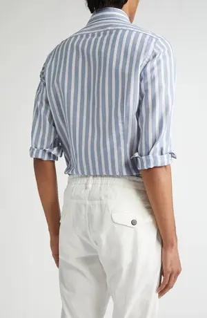 Eleventy Dandy Stripe Cotton & Linen Button-up Shirt