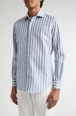 Eleventy Dandy Stripe Cotton & Linen Button-up Shirt