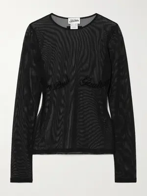 JEAN PAUL GAULTIER Flocked Stretch-tulle Top - Black