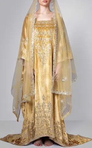 BTHAINA Metallic Embroidered Velvet Kaftan - Yellow