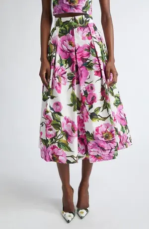 Dolce & Gabbana Peony Print Pleated Cotton Poplin Skirt - Peonie Fuxia F.bianco