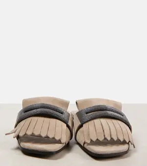 Brunello Cucinelli Fringed Suede Slippers - Beige
