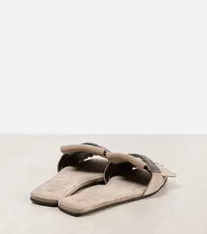 Brunello Cucinelli Fringed Suede Slippers - Beige