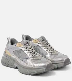 GOLDEN GOOSE Lightstar Metallic Leather And Mesh Sneakers - Silver