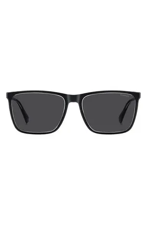POLAROID 58mm Polarized Rectangular Sunglasses - Black Crystal/ Grey Polar