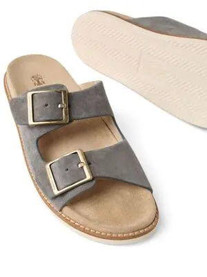 Brunello Cucinelli Suede Buckled Slides - Grey