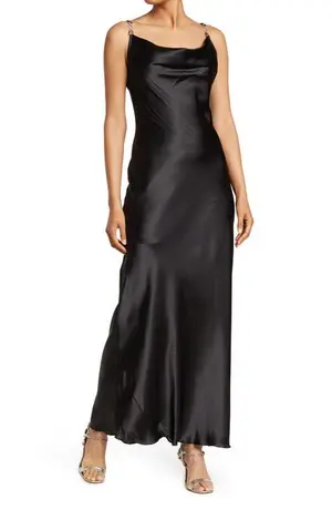 JUMP APPAREL Solid Long Satin Slip Dress - Black