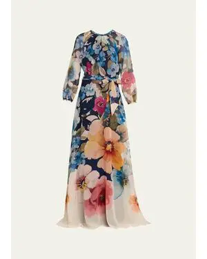 Rickie Freeman For Teri Jon Floral-print Chiffon Gown - Blue Multi