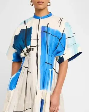 Natori Natori Sorairo Brushstroke-Print Poplin Midi Dress Aster/grey