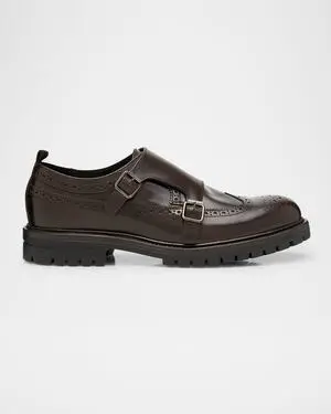 PAUL STUART Paul Stuart Marcelo Cordovan Wingtip Monk Strap Loafers - Dark Brown