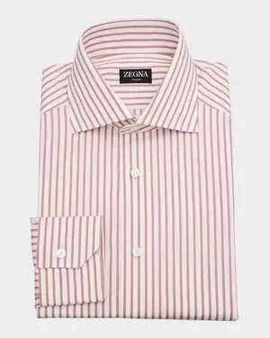 Zegna Trecapi Cotton Stripe Dress Shirt - Dk Redstrp