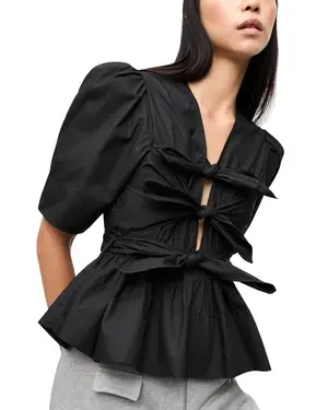 GANNI Tie Front Peplum Top - Black