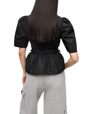 GANNI Tie Front Peplum Top - Black