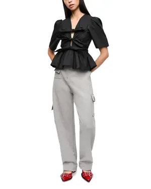 GANNI Tie Front Peplum Top - Black