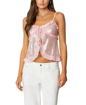 EDIKTED Sequin Ruffled Split-front Top - Light Pink