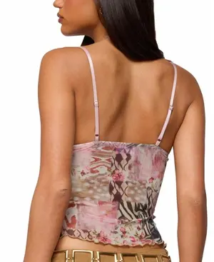 EDIKTED Animal Print Mesh Tank Top - Brown