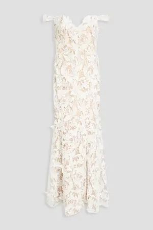Marchesa Off-the-shoulder Guipure Lace Gown - White