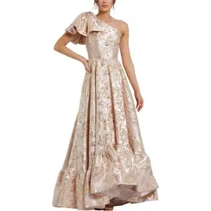 Mac Duggal Floral Brocade One Shoulder High-low Gown With Bow